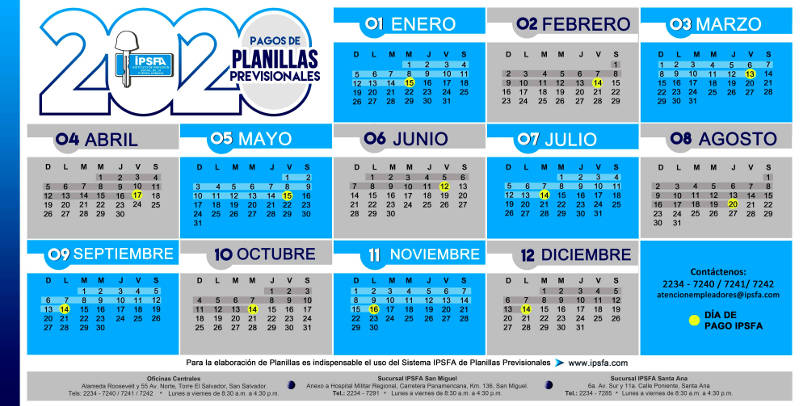 Calendario 2020 De Planillas Previsionales Isss Afp Ipsfa Y Otros